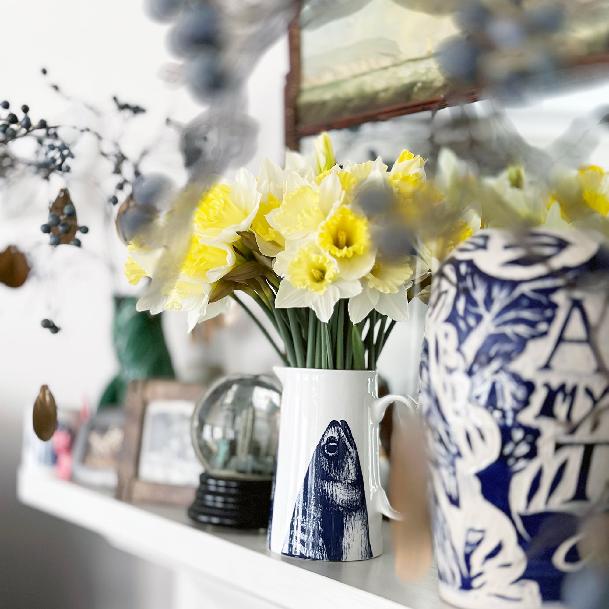 Blue & White Bone China Coastal Mackerel Head Jugs | Cream Cornwall