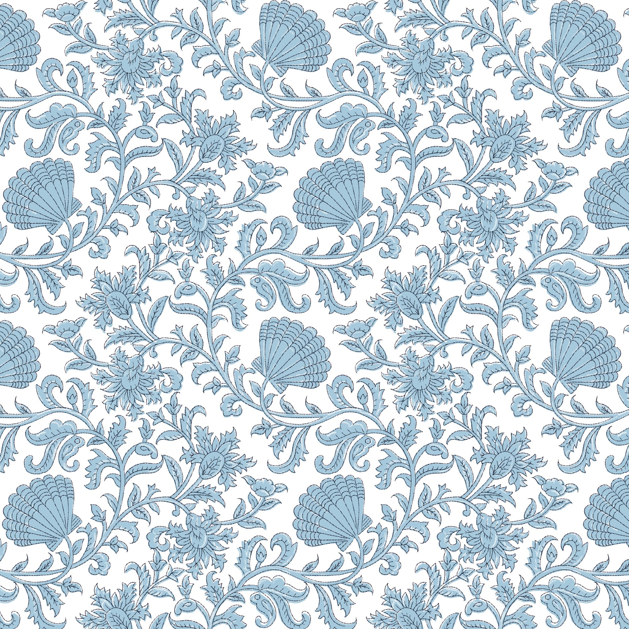 Sea Shell Flower Linen/Cotton Fabric - Sky On Off White |cream cornwall