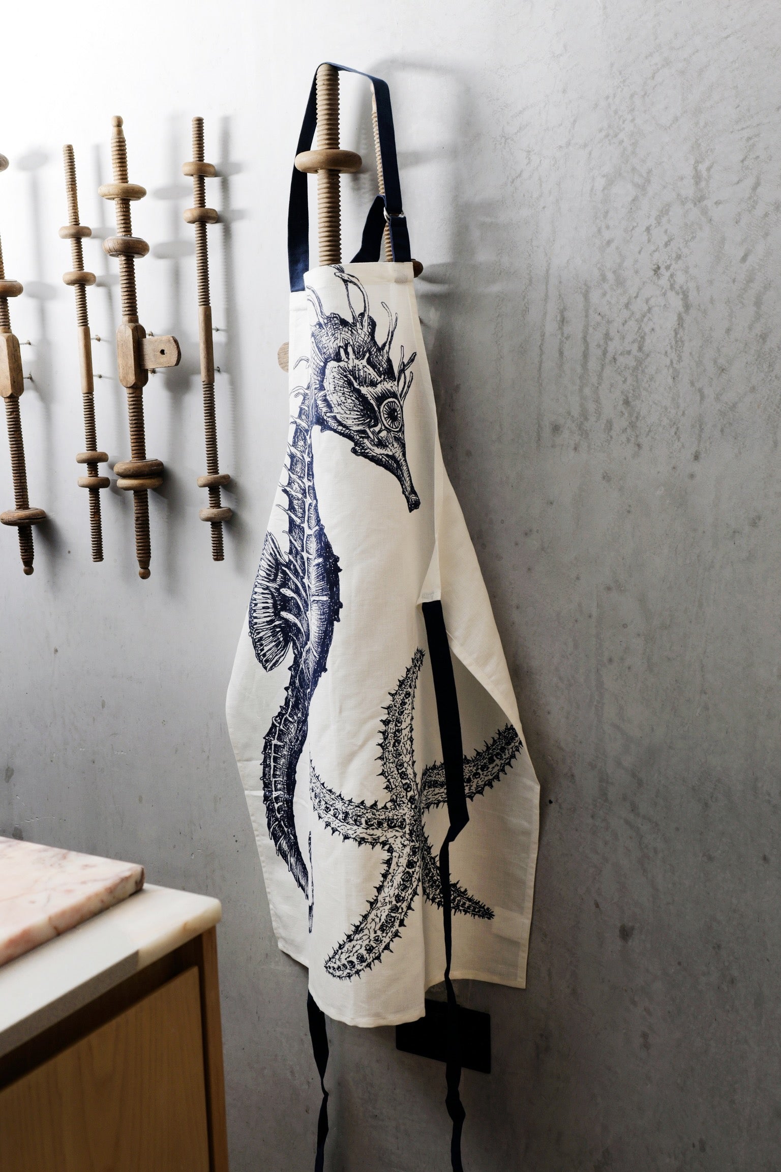 Luxury Coastal Linen Seahorse & Starfish Apron | Cream Cornwall
