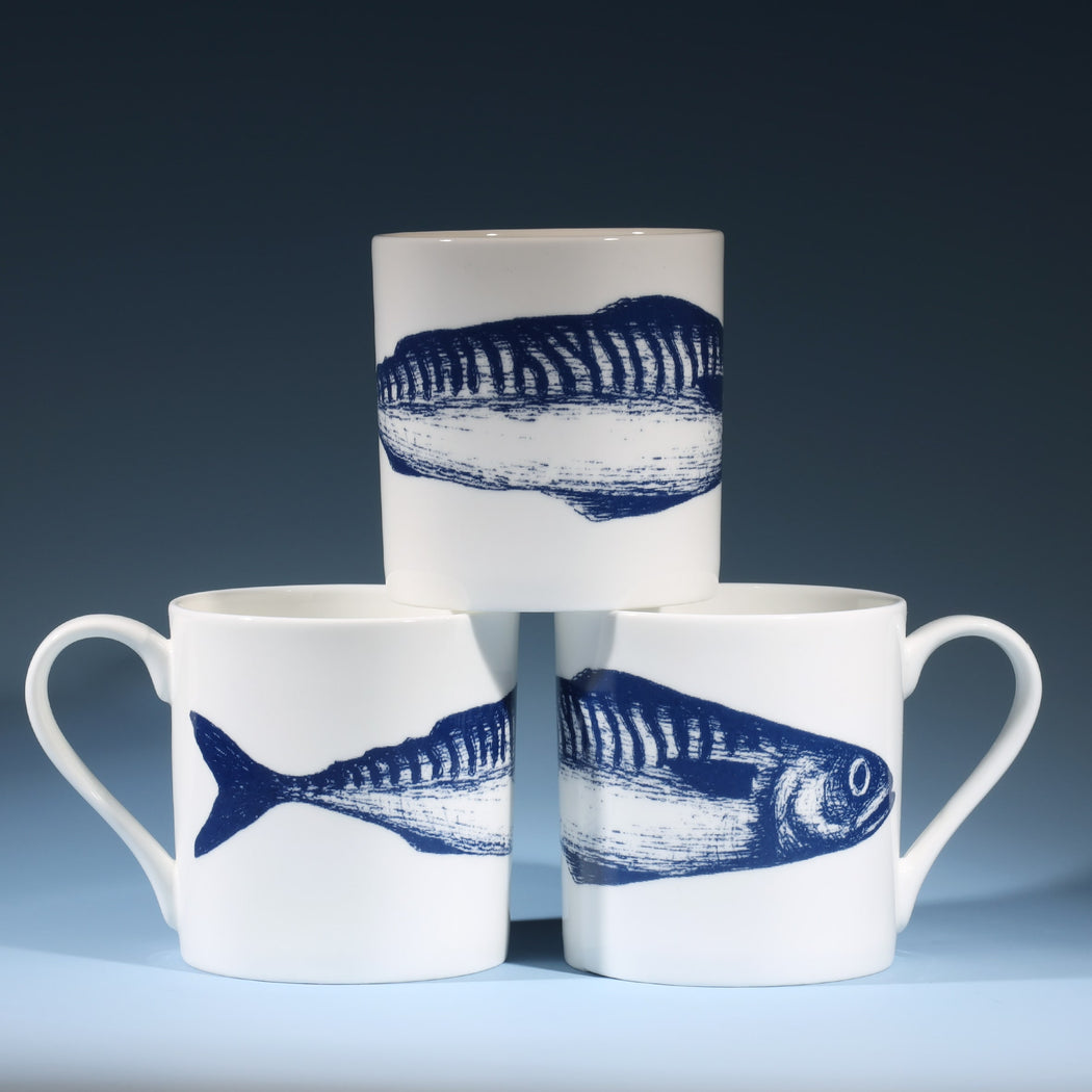 Luxury Coastal Bone China Mug With Mackerel Design | Cream Cornwall